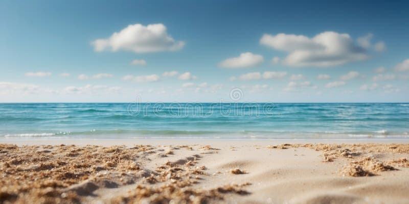 A Sandy Beach Borders a Body of Water, with a Blue Sky Dotted with ...