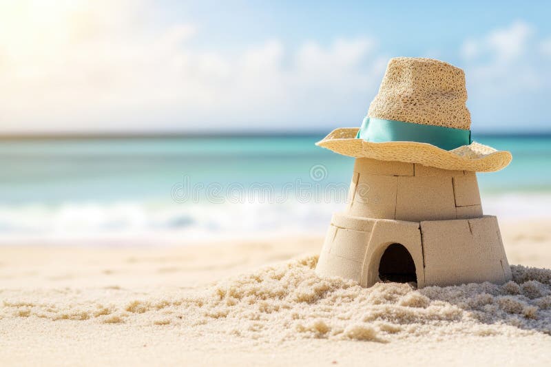 A Sandy Beach Castle with a Hat on Top, Perfect for Summer Fun and Kids ...
