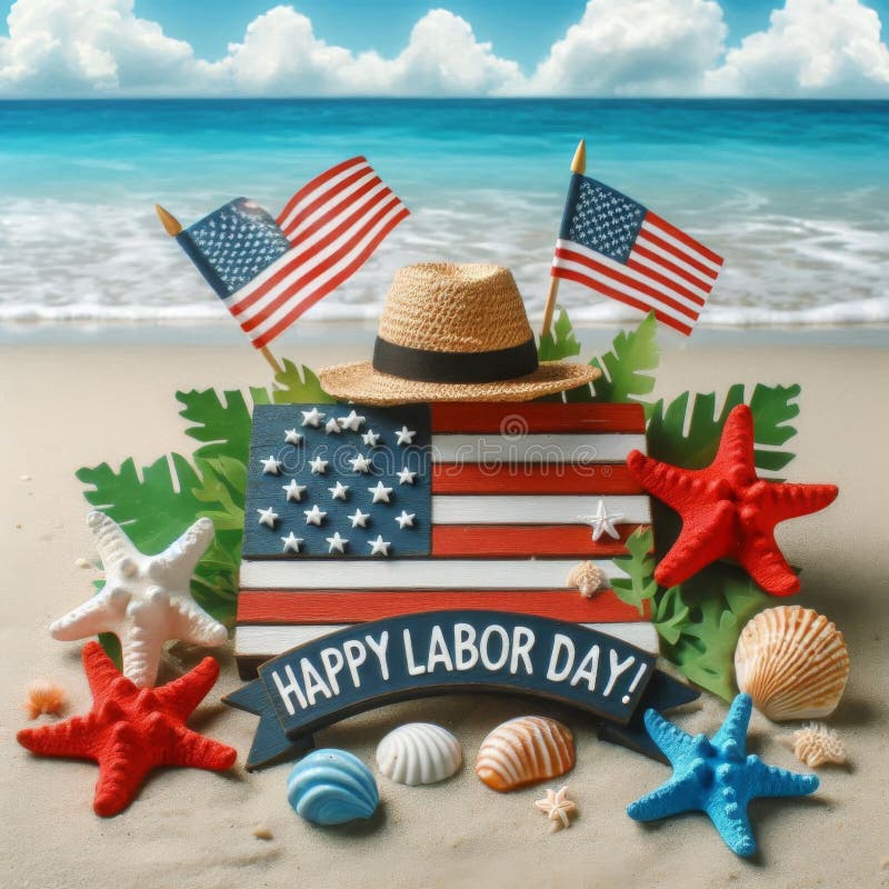 Sandy Beach Decorated for Labor Day USA with Starfishes Stock ...