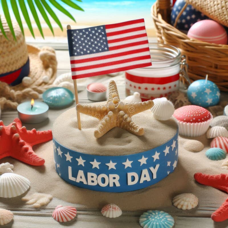 Sandy Beach Decorated for Labor Day USA with Starfishes Stock ...