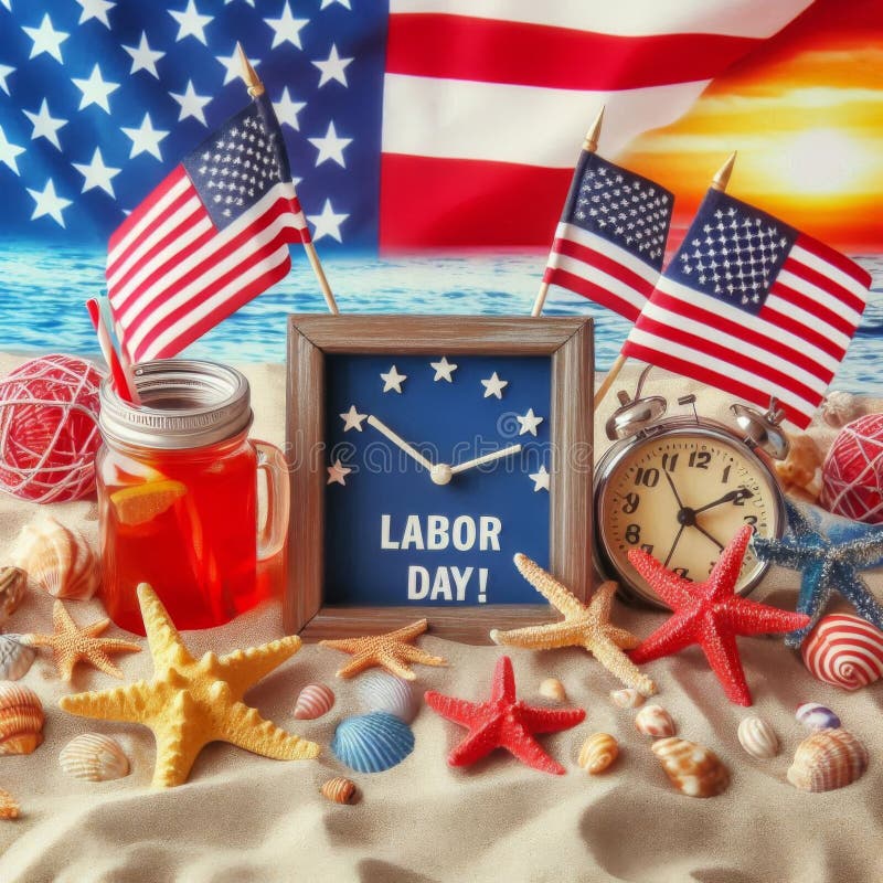 Sandy Beach Decorated for Labor Day USA with Starfishes Stock ...