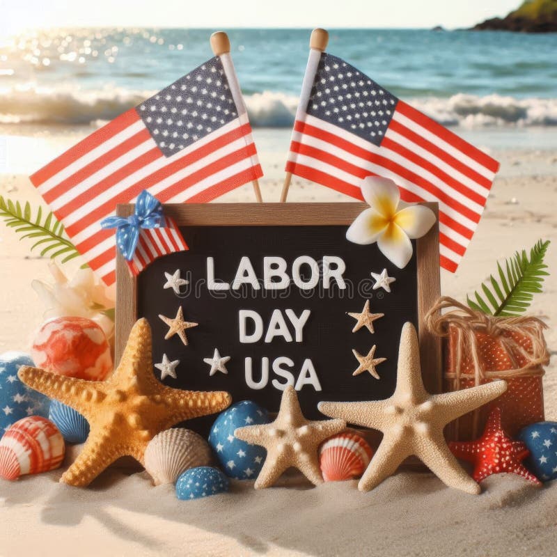 Sandy Beach Decorated for Labor Day USA with Starfishes Stock ...
