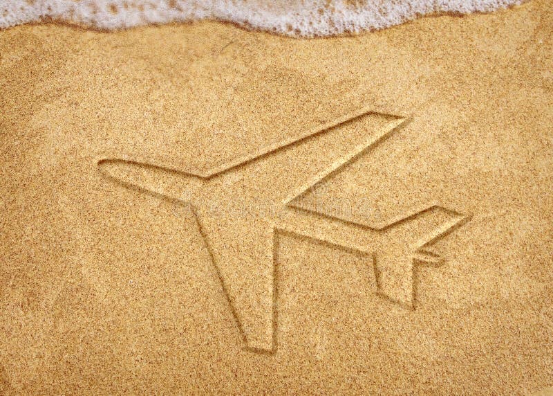 Sandy Beach with Drawing of a Plane in the Sand or Symbol Stock Image ...