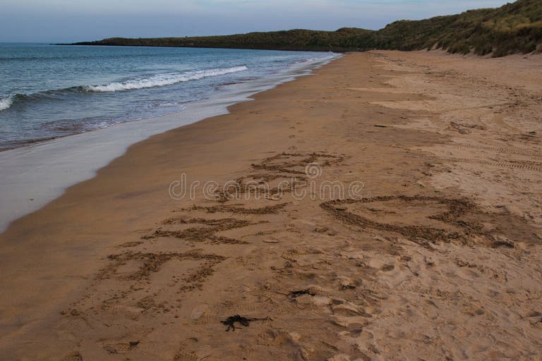 Sandy Beach with Drawn Text and Heart Stock Photo - Image of sandy ...