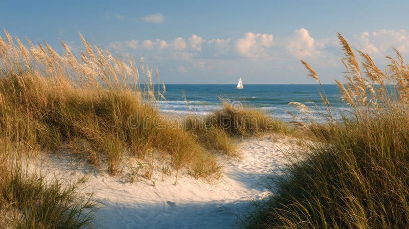 Sandy Beach Dune Path with Golden Grass and Distant Sailboat Stock ...