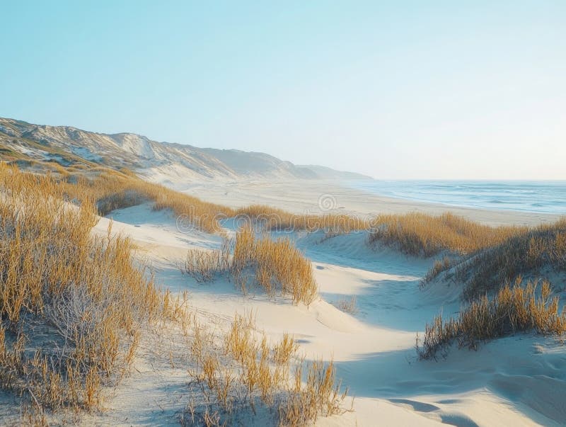 Sandy Beach with Grass and Sand Dunes Stock Image - Image of water ...