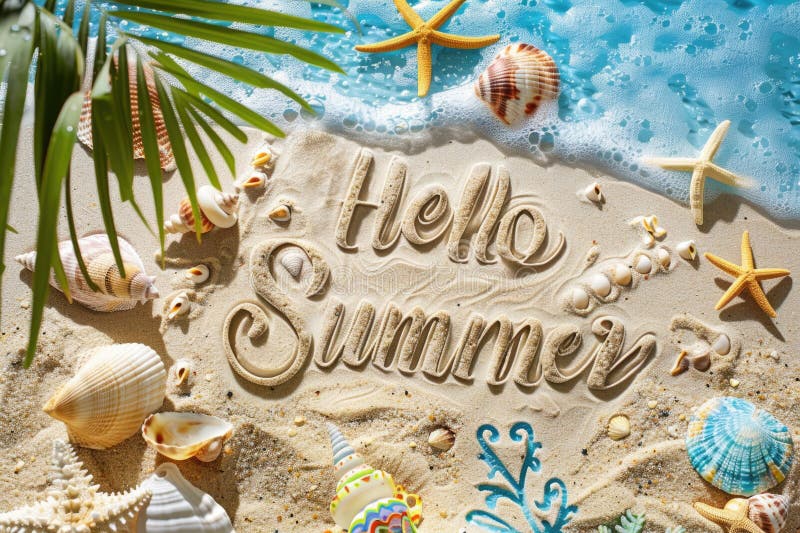 Sandy Beach with Handwritten "Hello Summer" Surrounded by Colorful ...