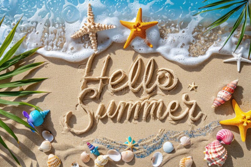 Sandy Beach with Handwritten "Hello Summer" Surrounded by Colorful ...