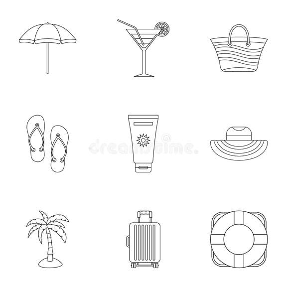 Sandy Beach Icons Set, Outline Style Stock Vector - Illustration of ...