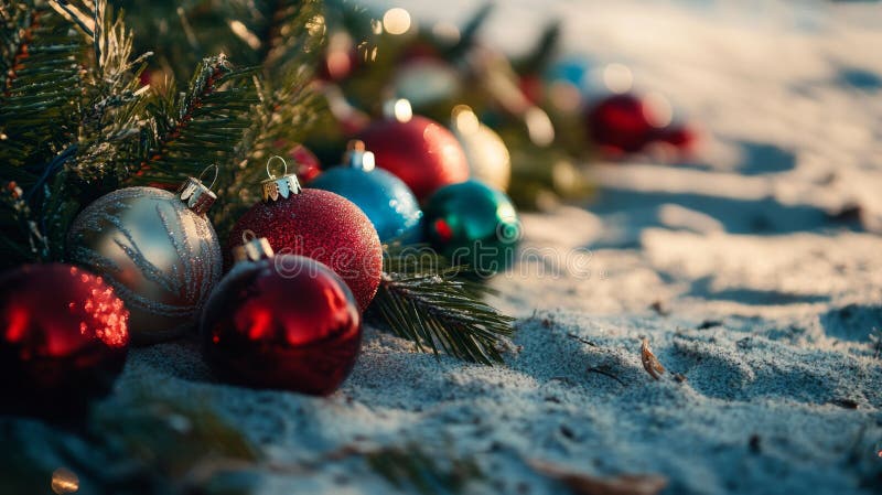The Sandy Beach, with Its Ocean Waves, is Adorned with Festive ...