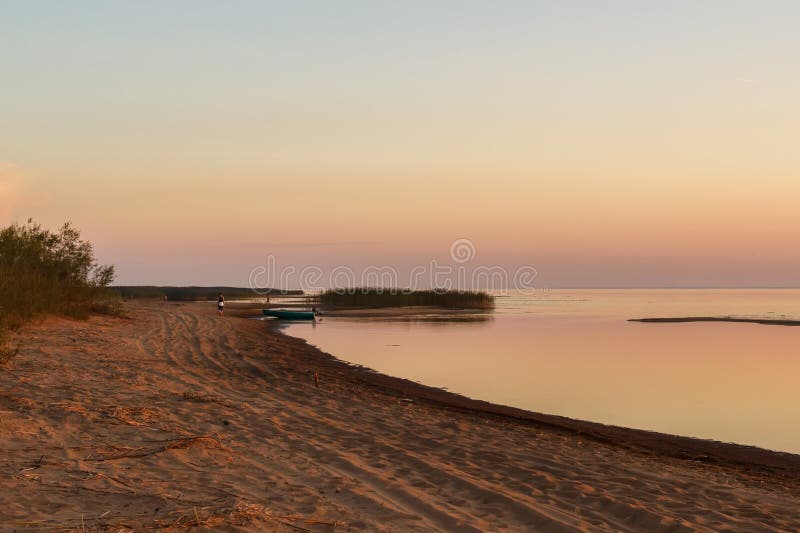 Sandy Beach of Lake Ladoga on the South Side at Sunset Stock Image ...