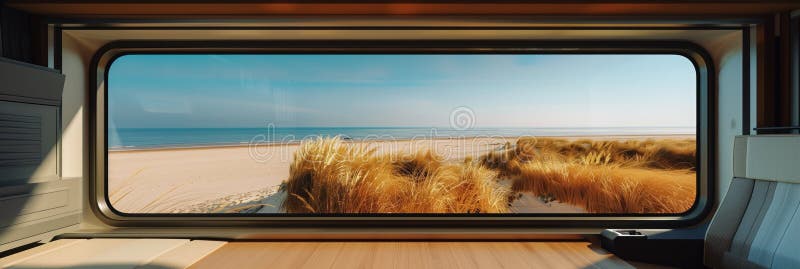 Beach Scene Viewed from Train Window. Sandy Beach Meets Tranquil Blue ...