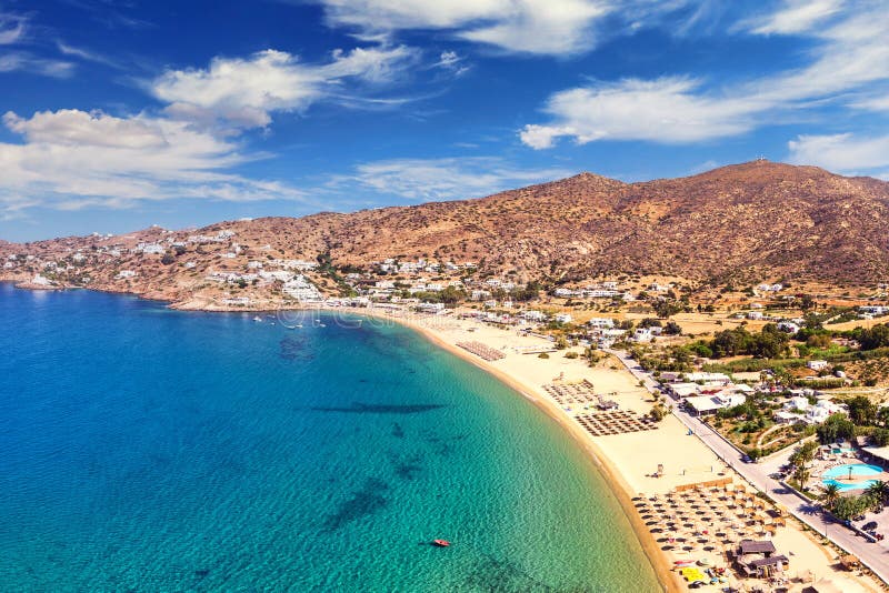 The Sandy Beach Mylopotas in Ios, Greece Stock Photo - Image of aegean ...