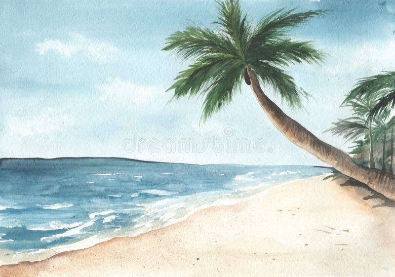 Sandy Beach by the Ocean with Palm Tree Watercolor Stock Illustration ...