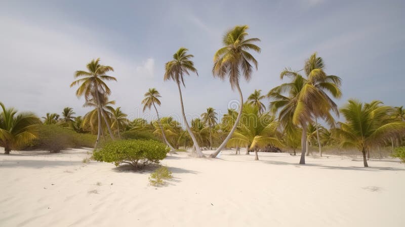 A Sandy Beach with Palm Trees and a Bush of Bushes Stock Illustration ...