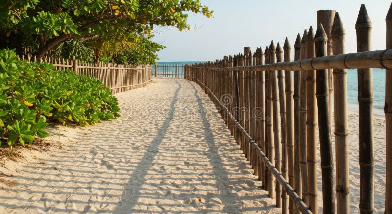 Sandy Beach Path with Bamboo Fence and Ocean View Stock Illustration ...