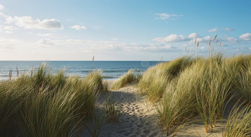 Sandy Beach Path through Coastal Grass with Calm Ocean View Stock ...