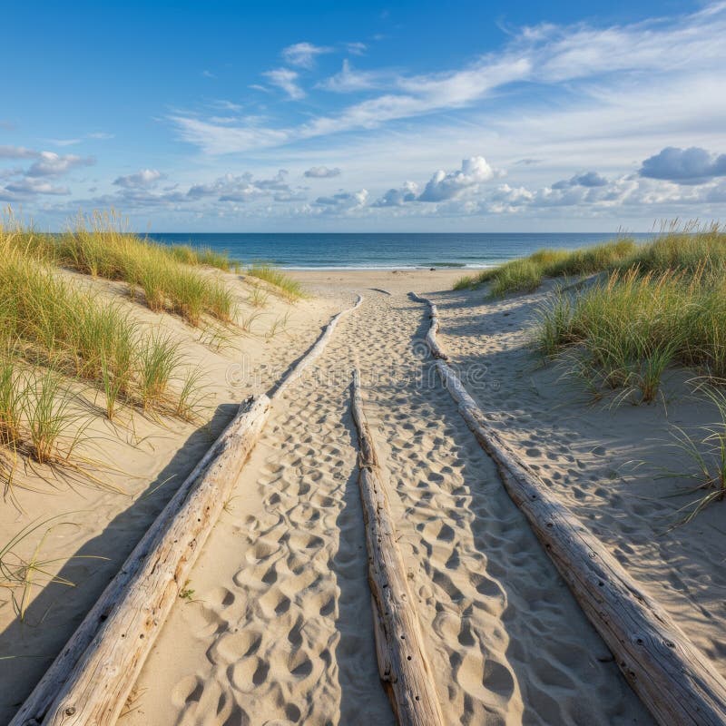 Sandy Beach Path with Driftwood Logs Stock Illustration - Illustration ...