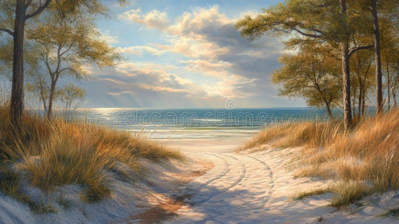 Sandy Beach Path Leading To Ocean Under Cloudy Sky Stock Illustration ...