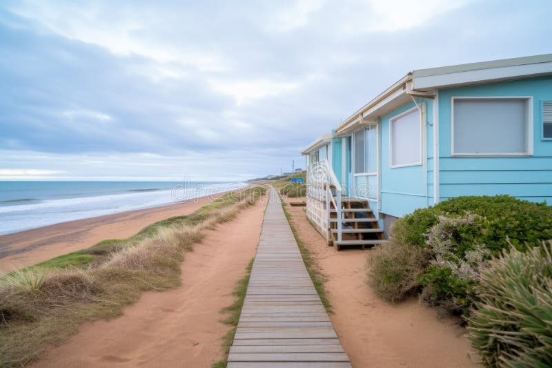 Sandy Beach Path Leading To a Pastel Blue Beachside Cottage Stock Photo ...