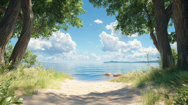 Sandy Beach Path Leads To Tranquil Blue Water Under a Summer Sky Stock ...