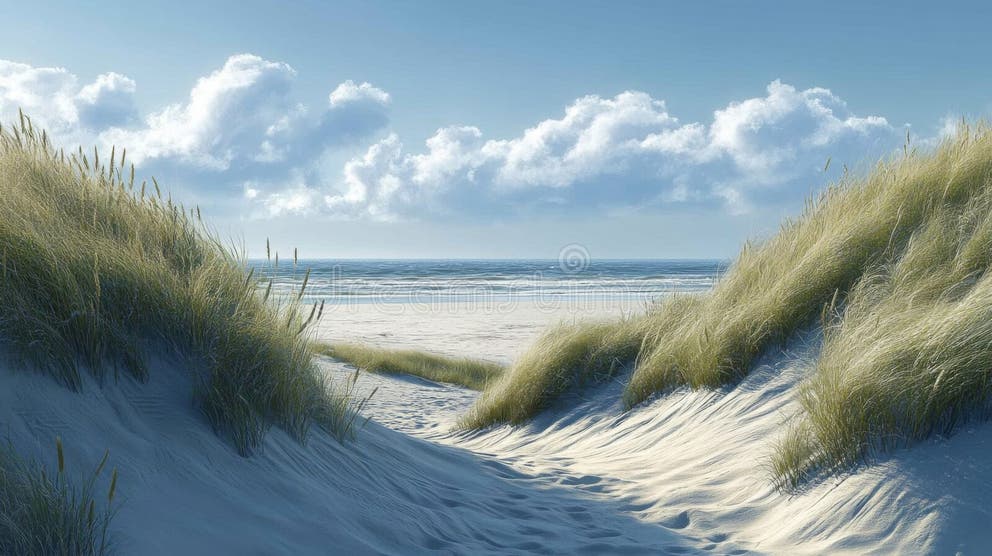 Sandy Beach Path with Ocean View and Lush Green Grass Stock ...