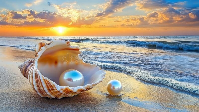 On a Sandy Beach, a Pearl and Seashells are Present during an Ocean ...