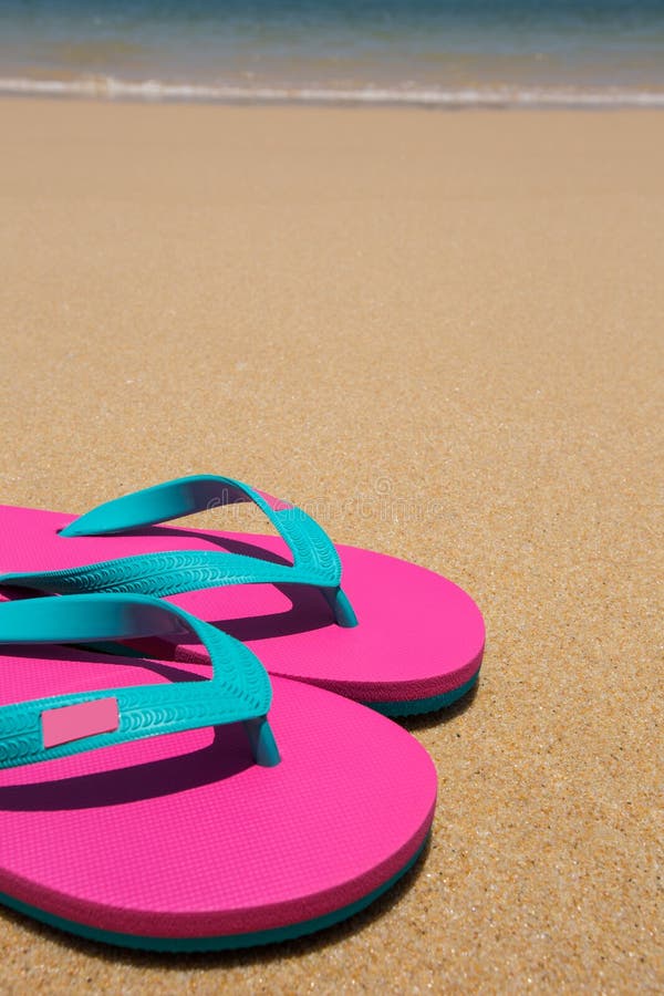 Sandy Beach and Pink Sandals Stock Photo - Image of beauty, footwear ...
