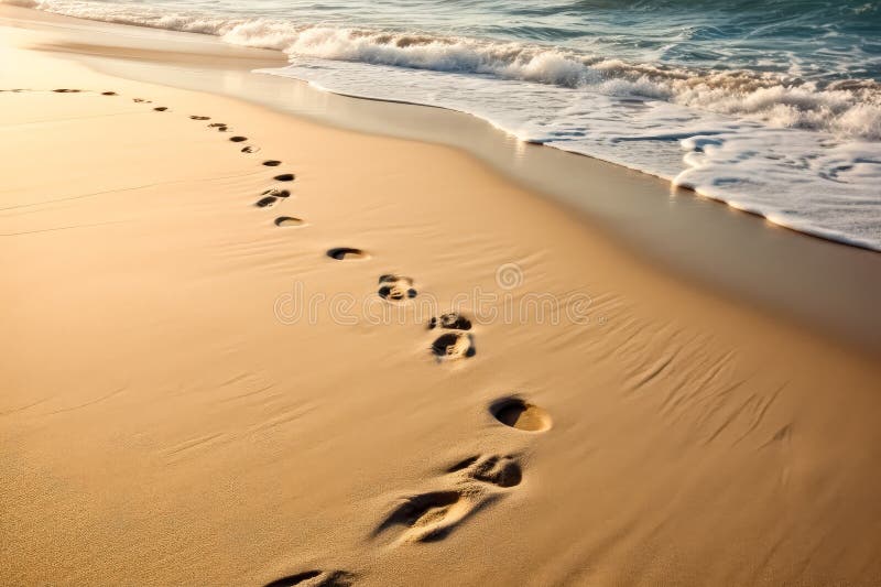 Sandy Beach with a Row of Footprints in the Sand. Stock Photo - Image ...