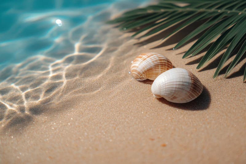 Sandy Beach Scene with Shells and Palm Leaf Next To Crystal Clear Water ...