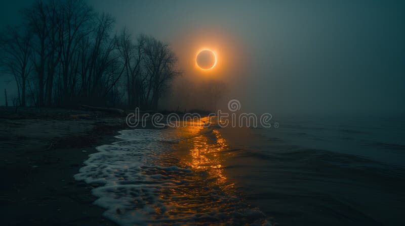 Sandy Beach with Sea Foam during a Solar Eclipse Stock Illustration ...