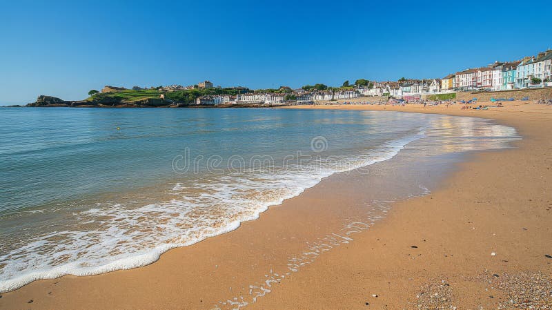 Sandy Beach Seascape with Gentle Waves and Seaside Village Stock ...