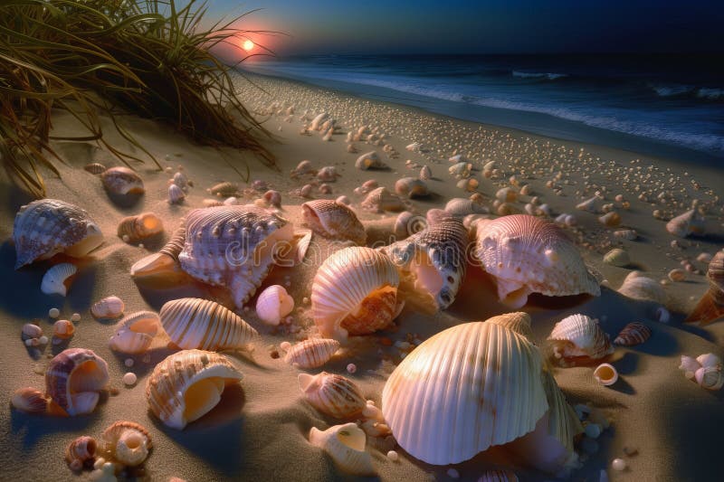 A Sandy Beach with Shells, Pearls and Tiny Glowing Crystals. from ...
