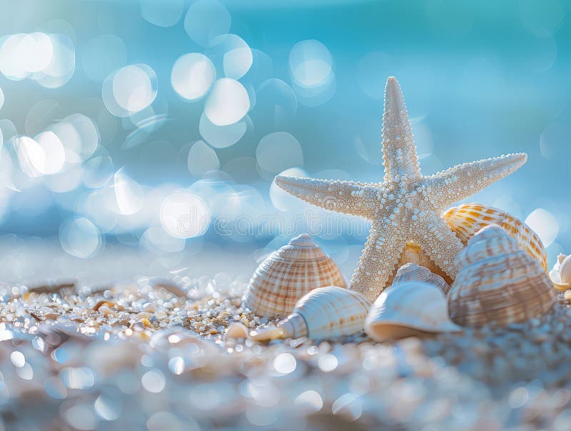 Sandy Beach, Starfish Rests, Ocean Waves Gently Lapping Shore Stock ...