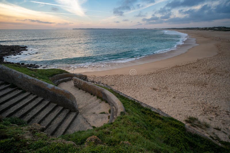 Sandy Beach with Stone Stairs at Sunrise Stock Photo - Image of sand ...