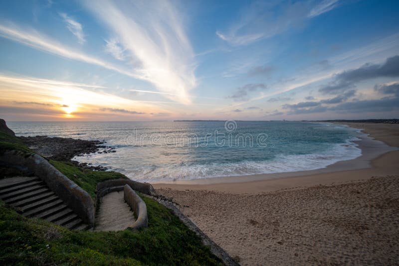 Sandy Beach with Stone Stairs at Sunrise Stock Image - Image of wave ...