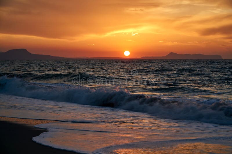 Sandy Beach at Sunset on the Cretan Sea on the Island of Crete Stock ...