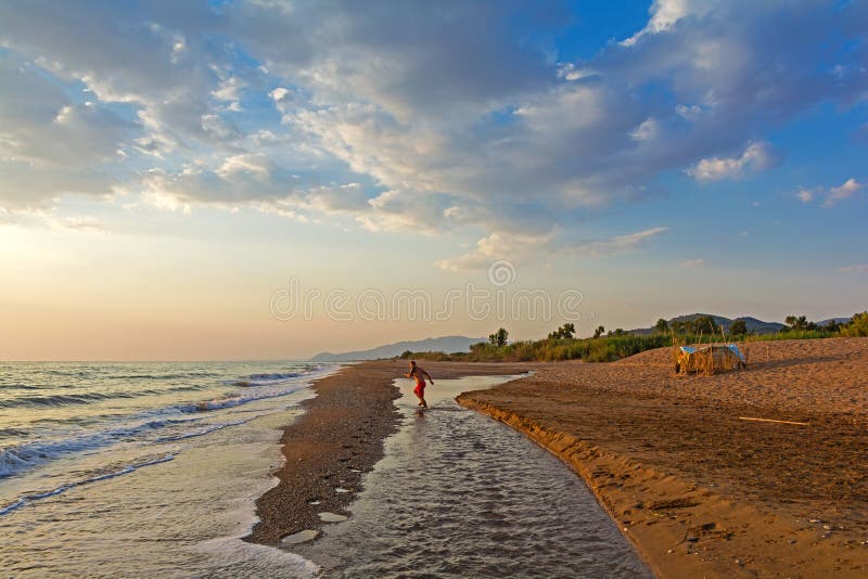 Sandy Beach at the Sunset, Greece. Editorial Image - Image of greece ...