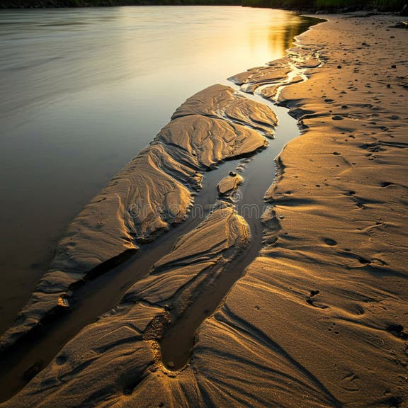 Sandy Beach at Sunset with Intricate Water Streams Etched into the Sand ...