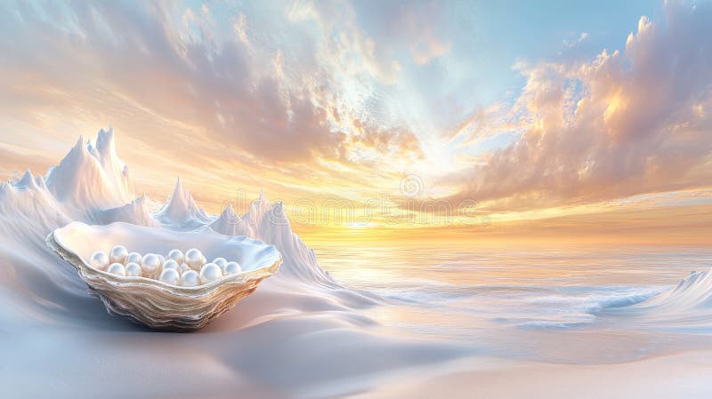 A Sandy Beach at Sunset is the Setting for an Open Seashell Containing ...