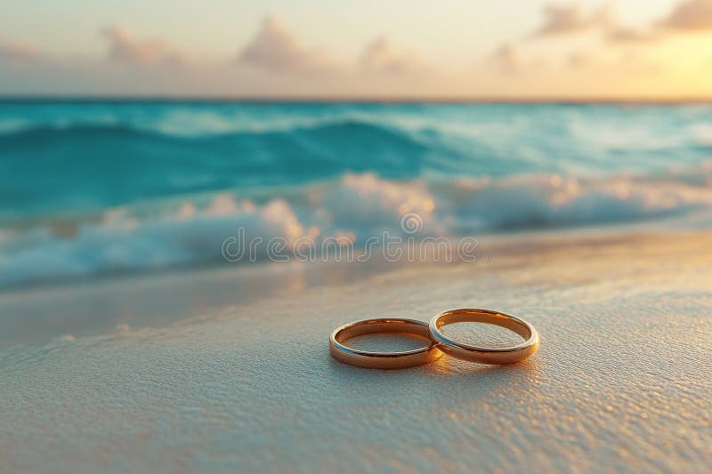 On a Sandy Beach at Sunset, Wedding Rings Symbolize Romantic Love and ...