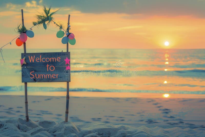 Sandy Beach Sunset Welcome To Summer Conceptual Image Stock Photo ...