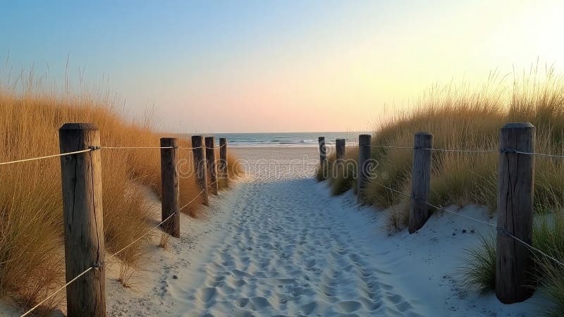 Sandy Beach at Sunset, Winding Path, Beach Grasses Stock Illustration ...