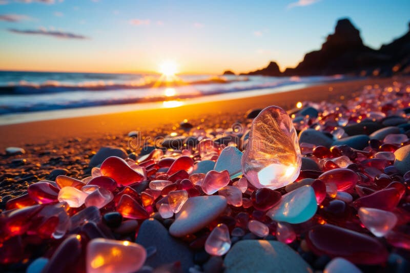 Sandy Beach with Transparent Multi-colored Stones at Sunset. Rocks in ...