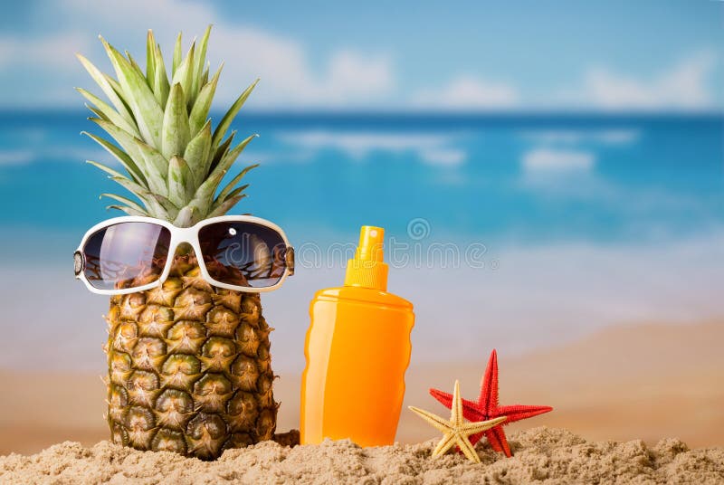 Sandy Beach, Tropical Fruit and Sunblock Stock Photo - Image of ripe ...