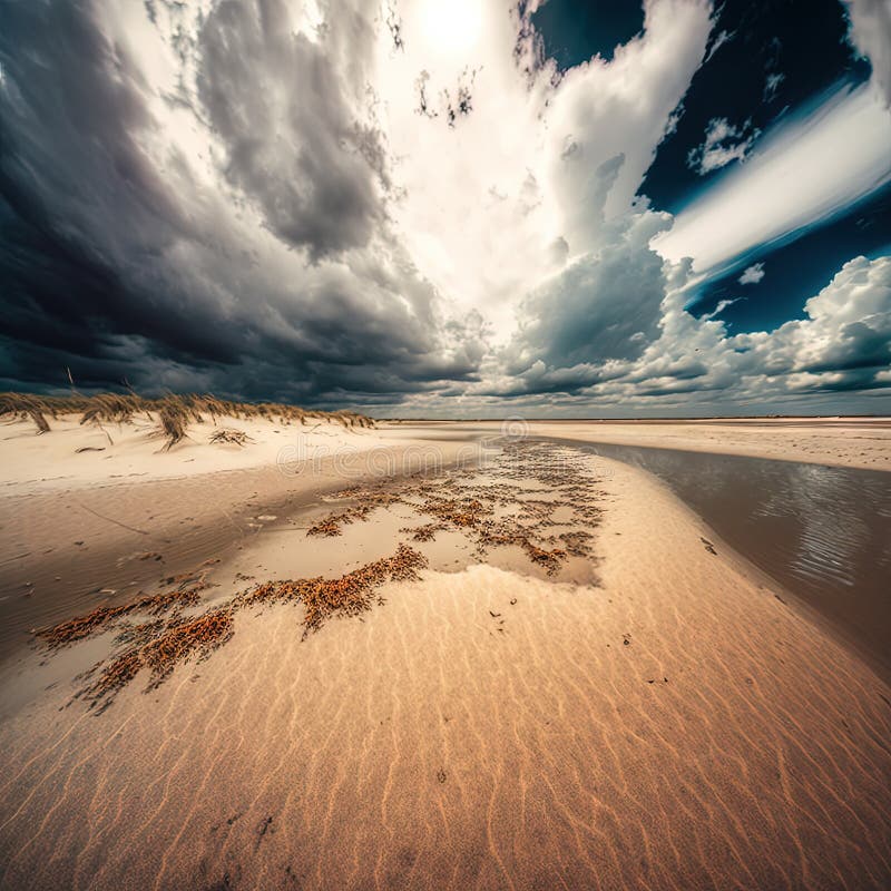 A Sandy Beach Under a Cloudy Sky with a Few Clouds. Generative Ai Stock ...