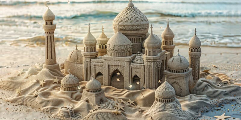 A Sandy Castle Stands Out on the Beach, Surrounded by Gentle Ocean ...