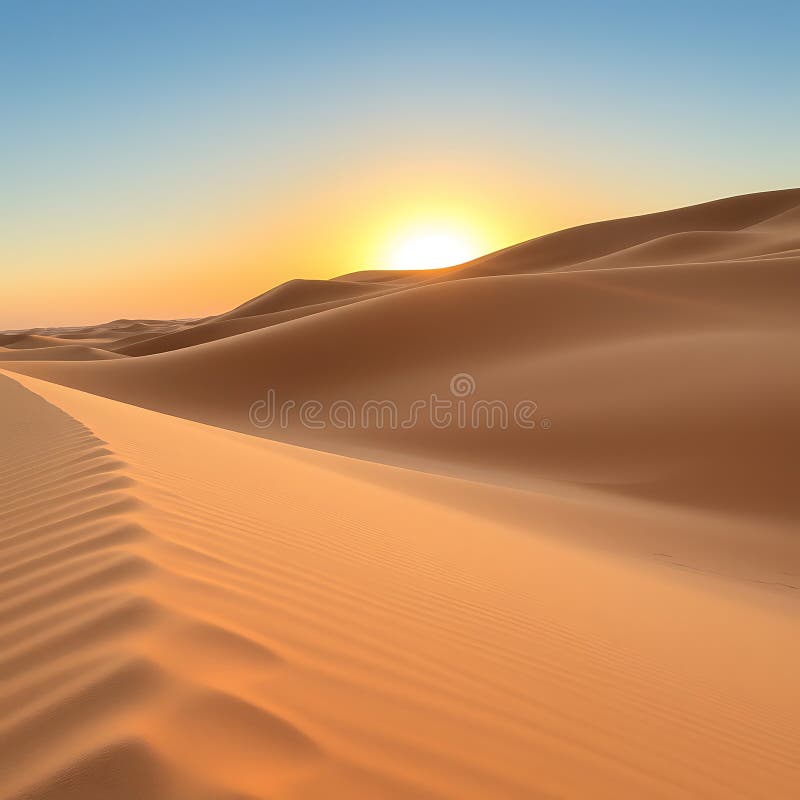 A Sandy Desert Landscape with Rolling Dunes and the Sun Setting in the ...