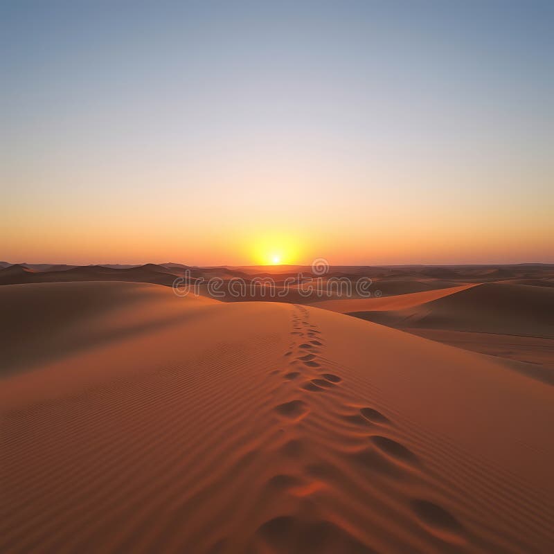 A Sandy Desert Landscape with Rolling Dunes and the Sun Setting in the ...