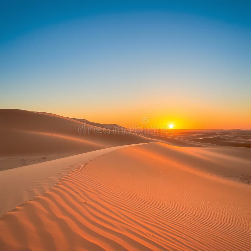 A Sandy Desert Landscape with Rolling Dunes and the Sun Setting in the ...